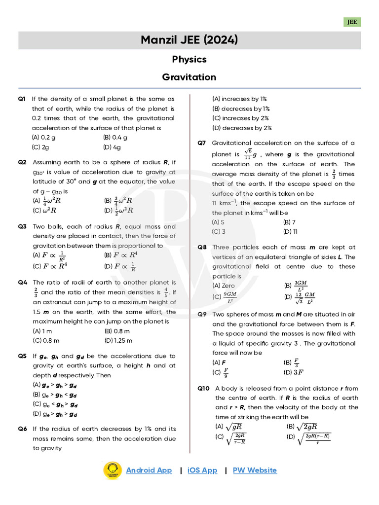 Gravitation - Practice Sheet | PDF | Gravity | Mass