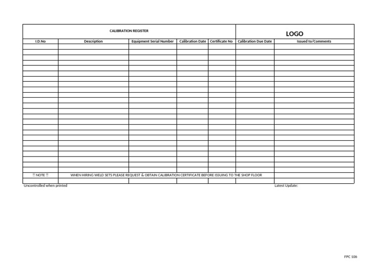 Welding Plant Calibration Register | PDF