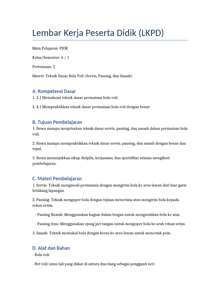 LKPD PJOK Volleyball Lesson | PDF