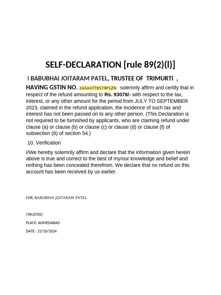 GST Refund Self-Declaration Form | PDF