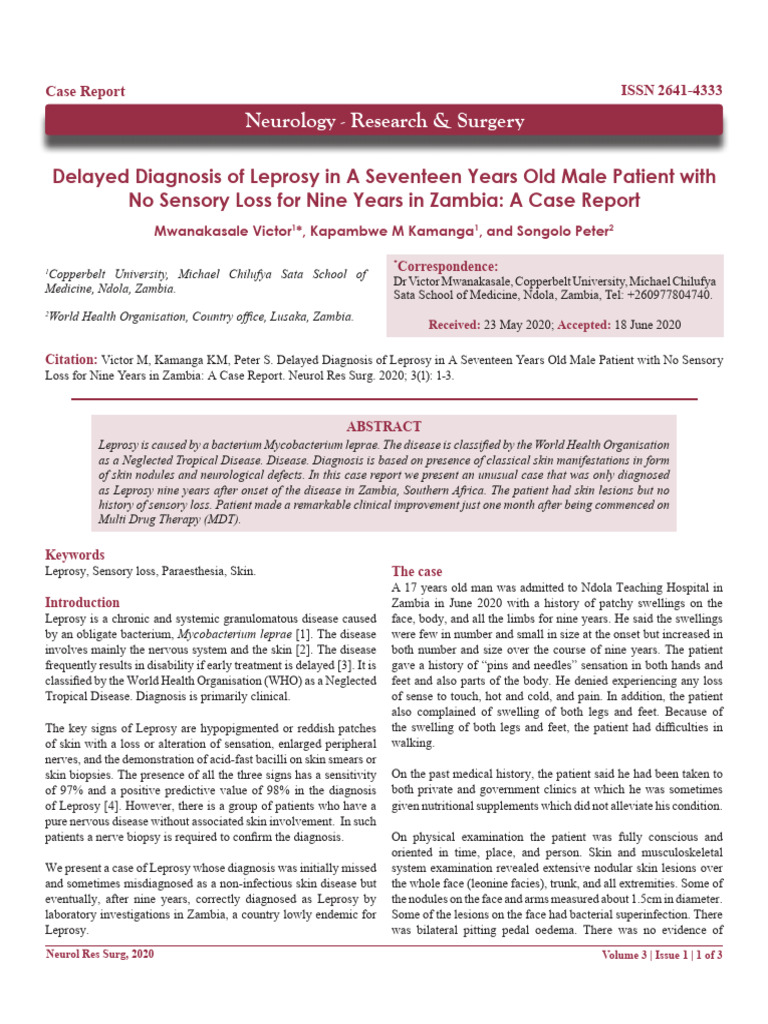 Delayed Diagnosis of Leprosy in A Seventeen Years Old Male Patient With ...