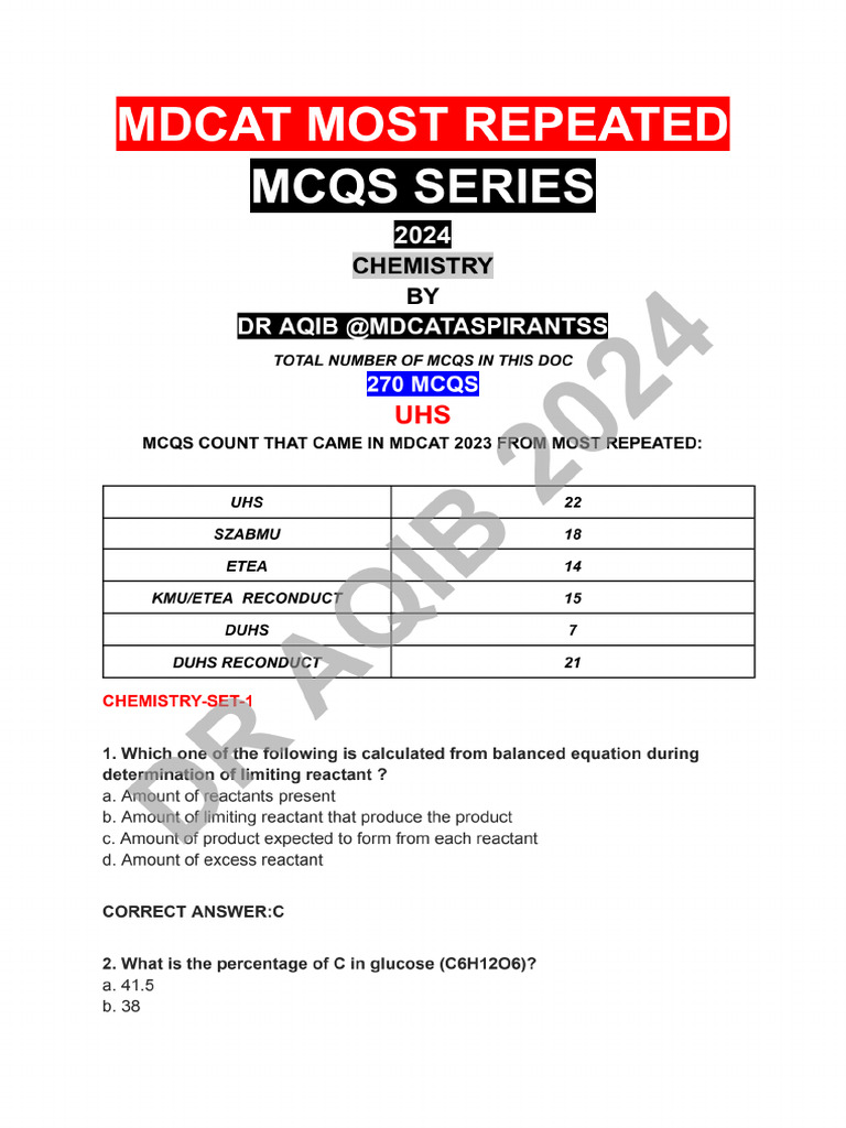 Uhs-Mdcat-Chemistry-Most Repeated Mcqs Series 2024 | PDF