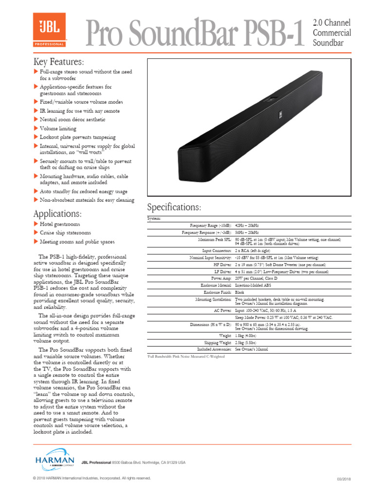 JBL ProSoundBar SpecSheet 072018 | PDF | Electronics | Electrical ...