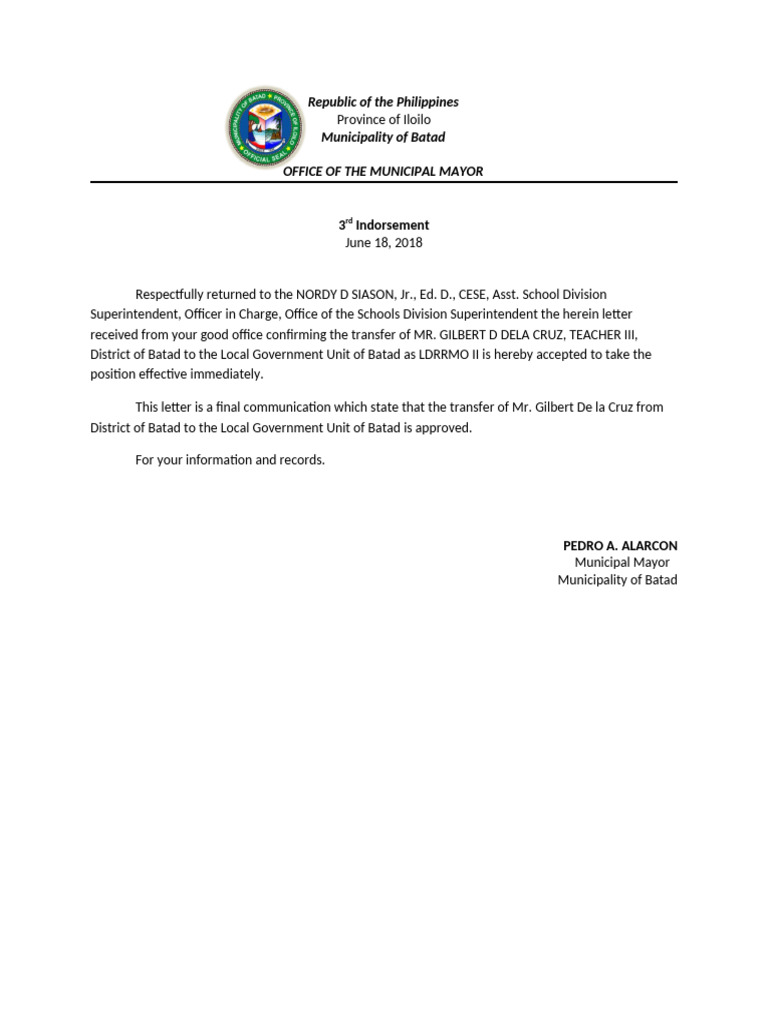 3rd Endorsement-Request For Transfer | PDF