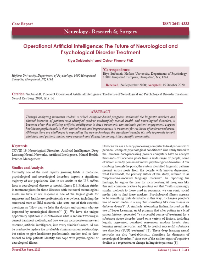 Operational Artificial Intelligence: The Future of Neurological and Psychological Disorder ...