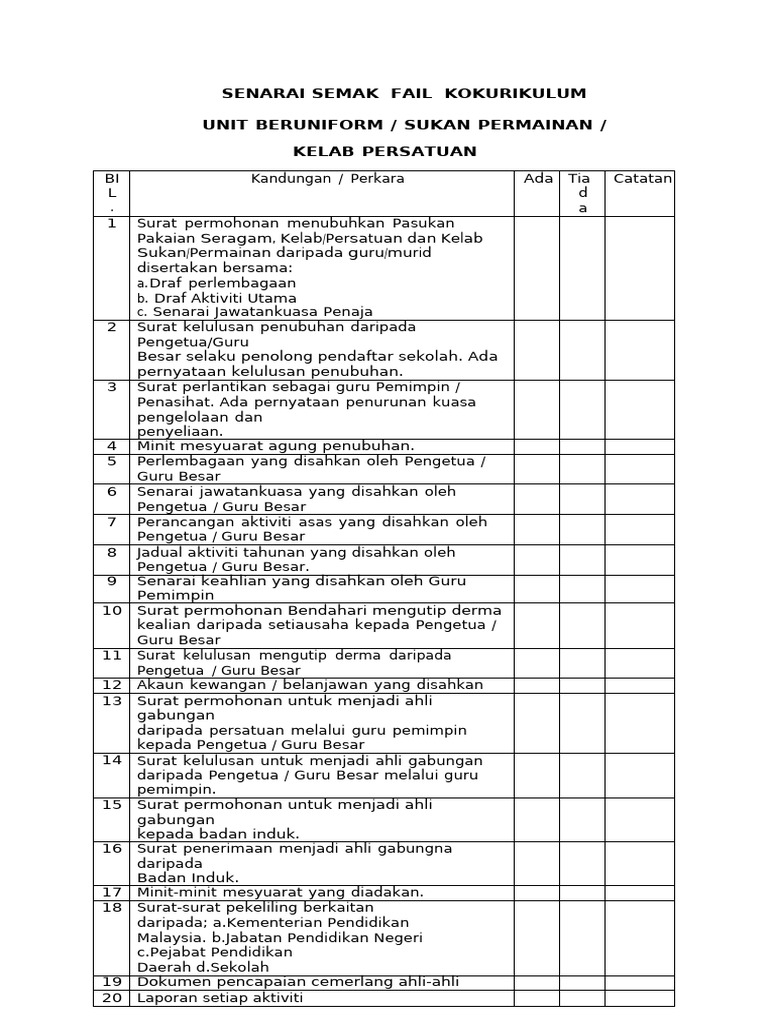 Senarai Semak Fail Kokurikulum SMKAHMY | PDF