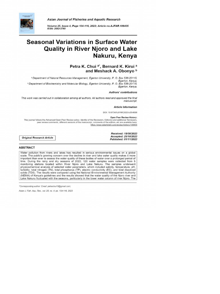 Seasonal Variations in Surface Wate | PDF