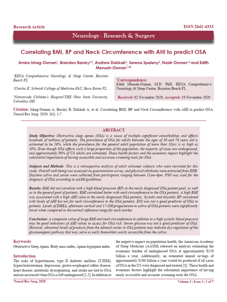 Correlating BMI, BP and Neck Circumference With AHI To Predict OSA ...