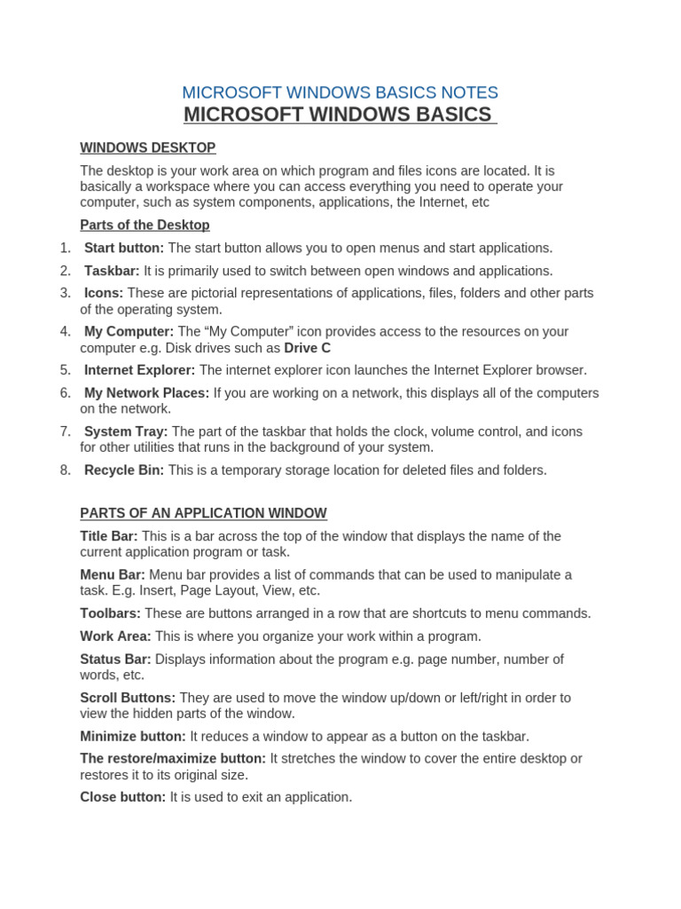 MICROSOFT WINDOWS BASICS NOTES | PDF | Computer File | Software
