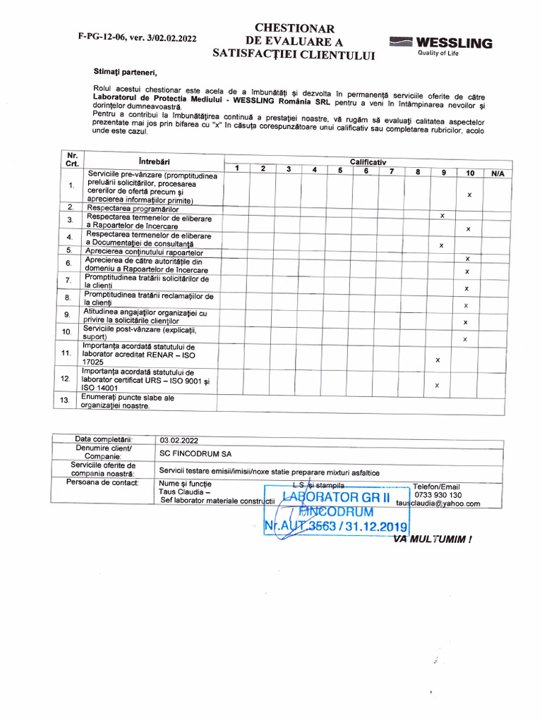 Chestionar Evaluare Clienti | PDF