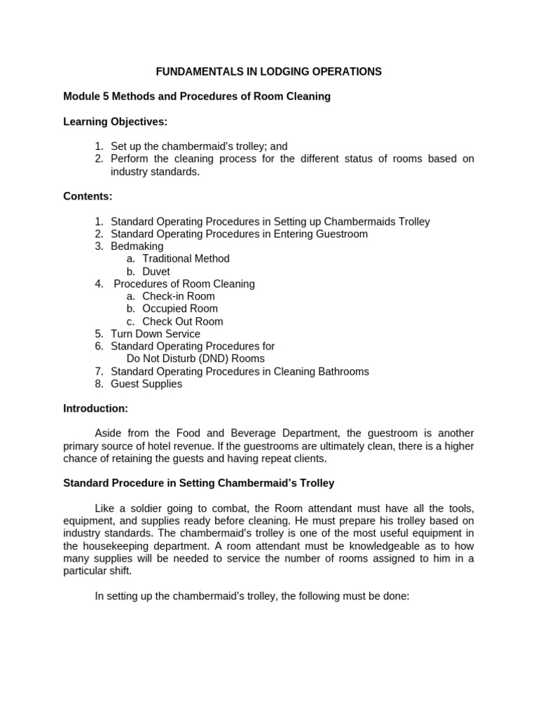 Room Cleaning Procedures in Housekeeping | PDF | Bed | Bedding
