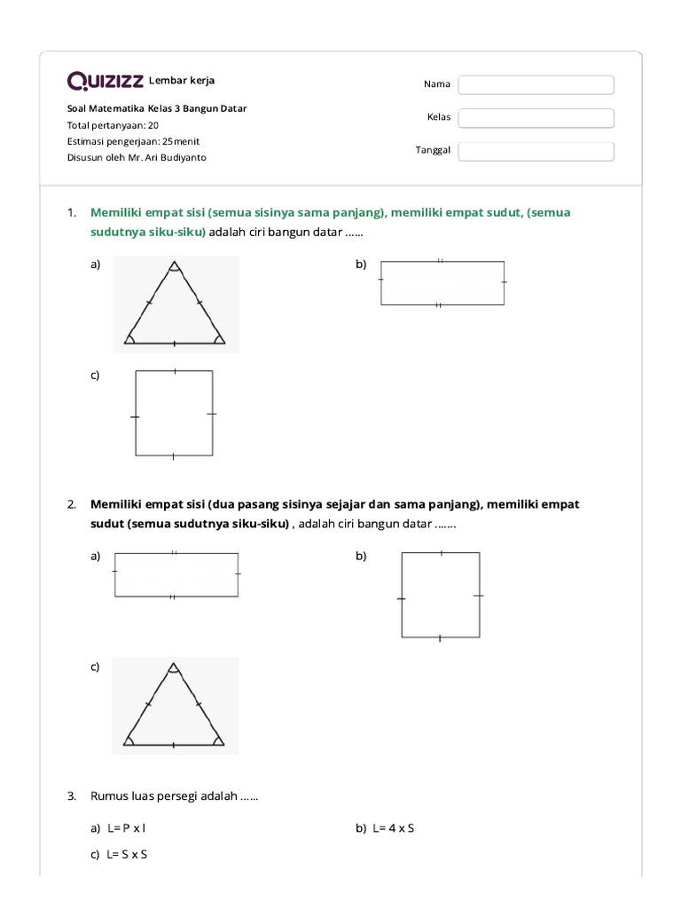 Soal Matematika Kelas 3 Bangun Datar - Quizizz | PDF