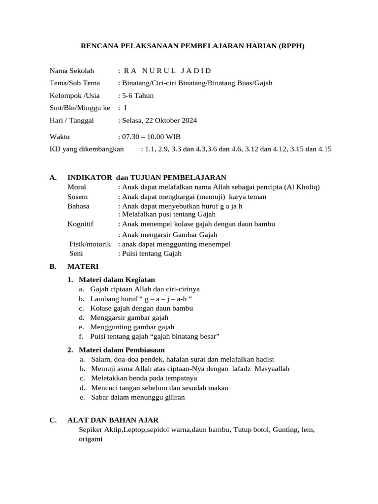 RPPH Tema Binatang | PDF