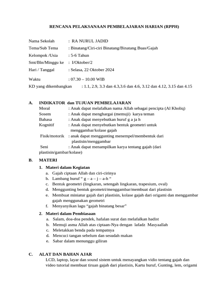 RPPH Tema Binatang Ciri Ciri Binatang Gajah | PDF