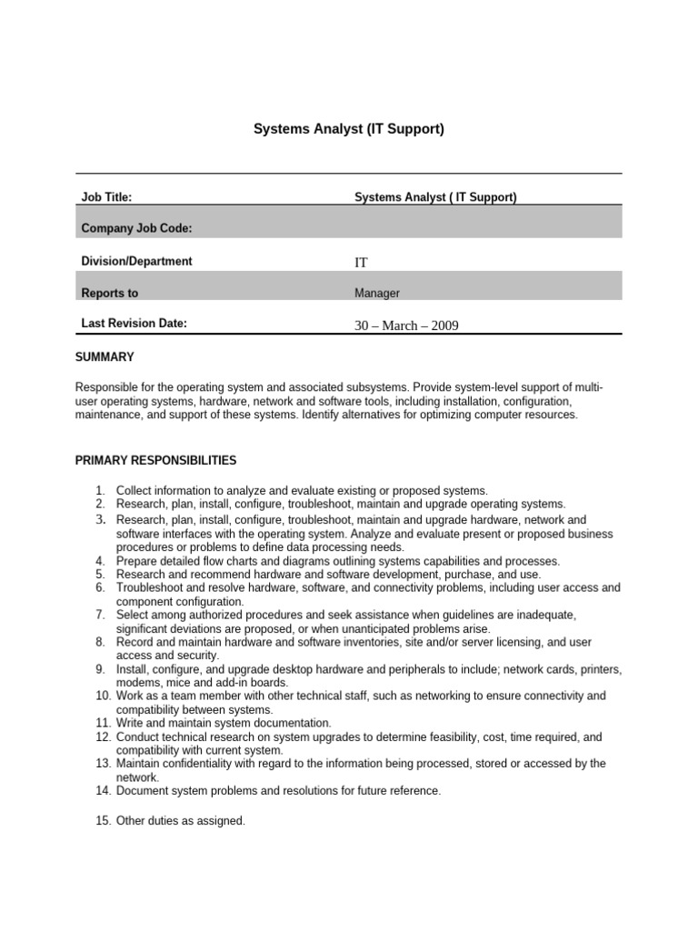 ITS100-21.Sample - Mo Ta Cong Viec (Systems Support) | PDF | Operating System | Computer Hardware