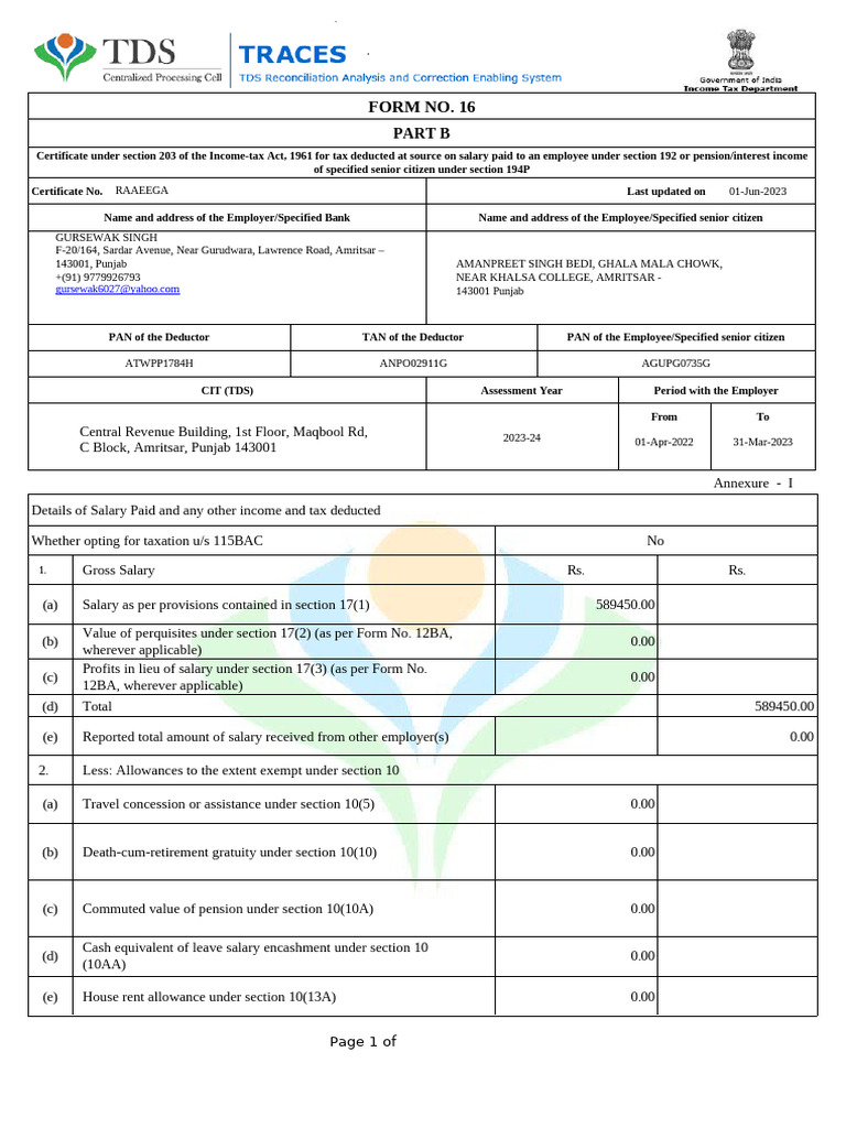 4-Form 16B Ycc FY 2022-23 | PDF | Tax Deduction | Pension