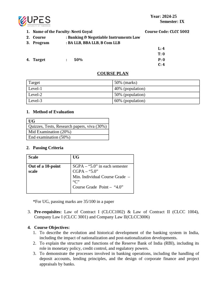 Course Plan - B.Com Banking NI 2024 | PDF | Educational Technology | Reserve Bank Of India