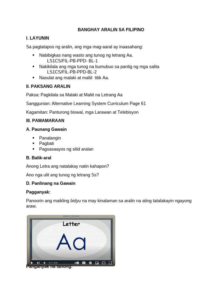 Banghay Aralin Sa Filipino Aa | PDF