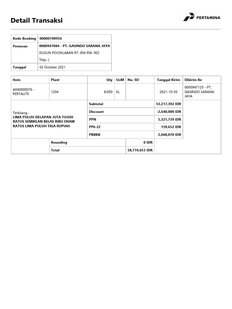Detail Transaksi PT. Gasindo 2021 | PDF