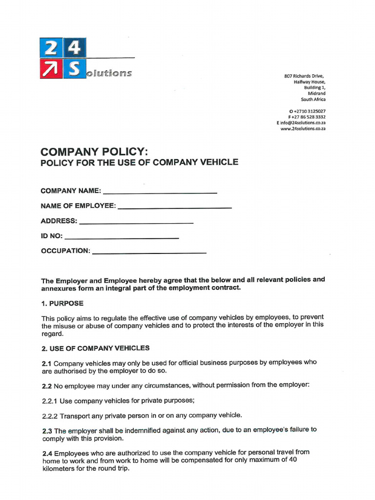 24 Solutions Vehicle Policy A0011 | PDF