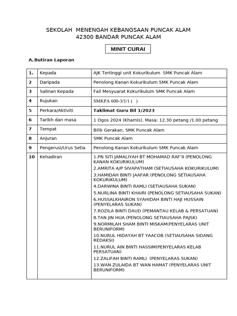 Minit Curai Taklimat Kokurikulum Bil1 2024 | PDF | Olahraga & Rekreasi | Sains & Matematika