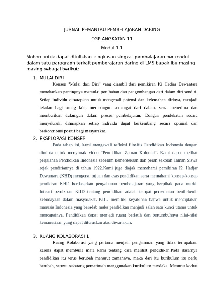 Lembar Jurnal Pemantau Modul 1.1 Pembelajaran Daring | PDF