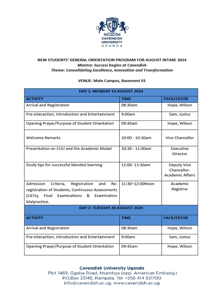 New Students' General Orientation Program For August Intake 2024 | PDF