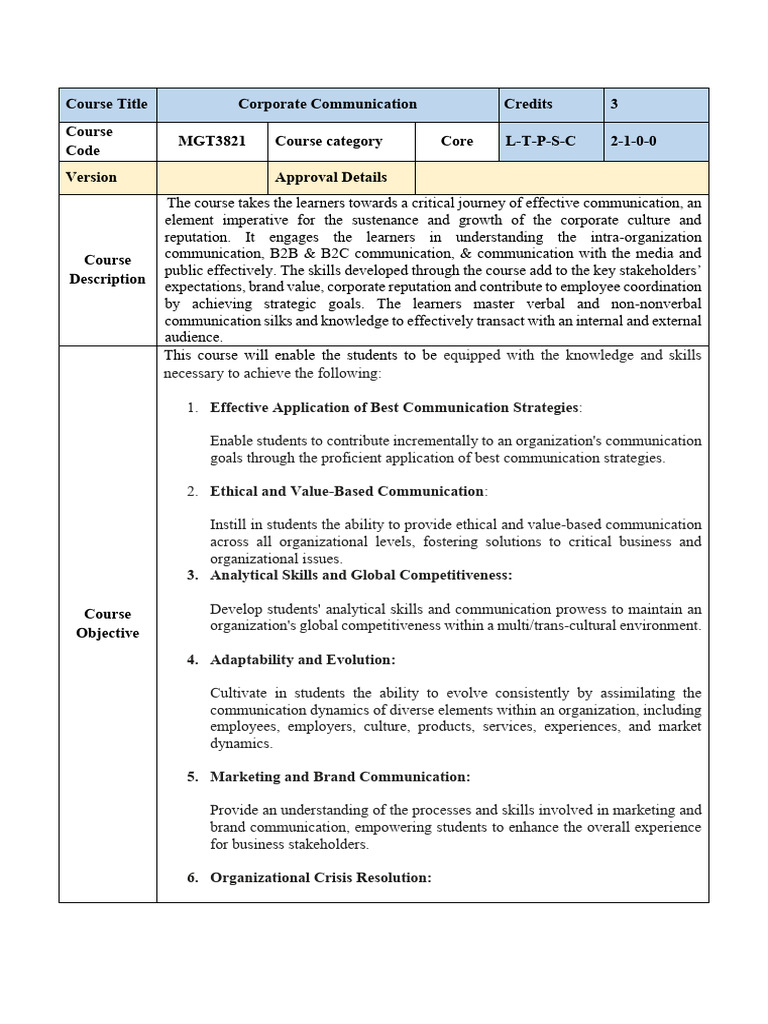 MBA - Sem 1 - Corporate Communication - Course Syllabus | PDF ...