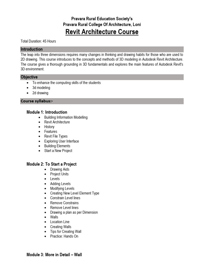 Revit Architecture Course | PDF | Autodesk Revit | 3 D Computer Graphics