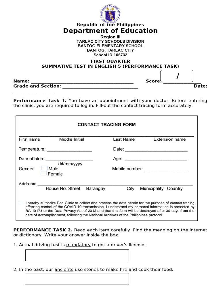 Grade 5 Q1 Performance Task | PDF