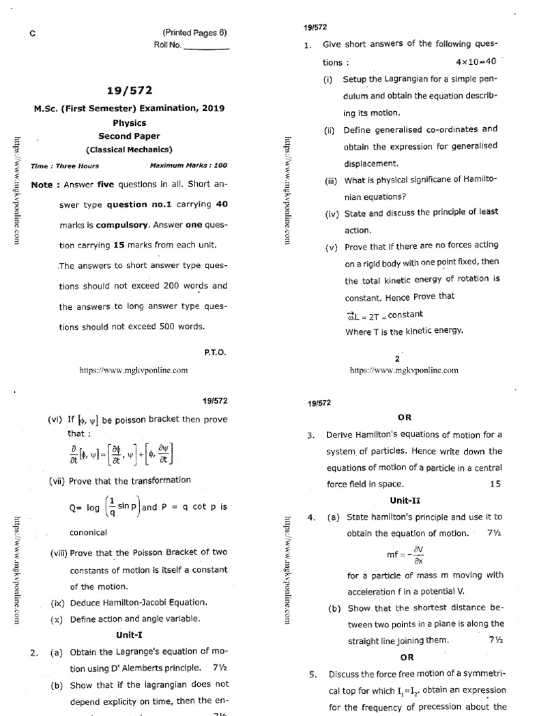 Msc 1 Sem Physics Classical Mechanics 572 2019 | PDF