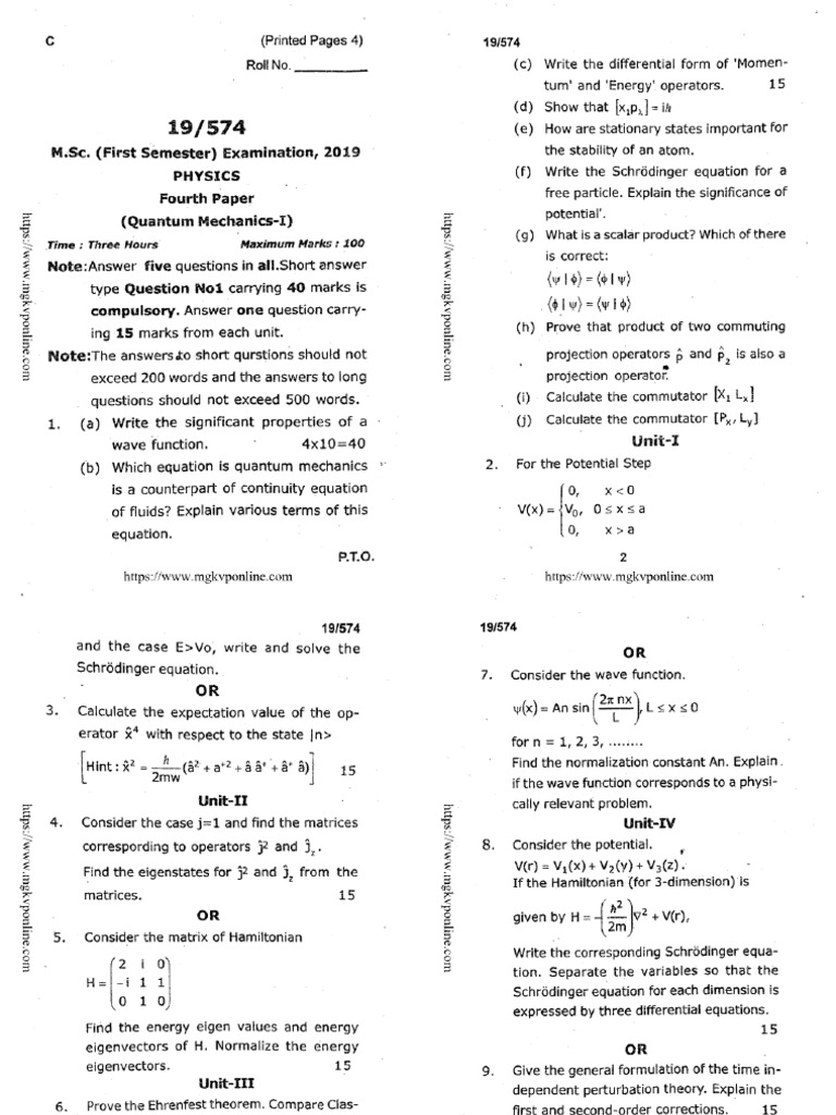 MSC 1 Sem Physics Quantum Mechanics 1 574 2019 | PDF
