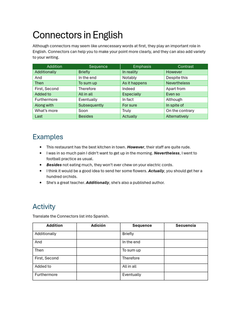 Essential English Connectors Guide | PDF | Linguistics