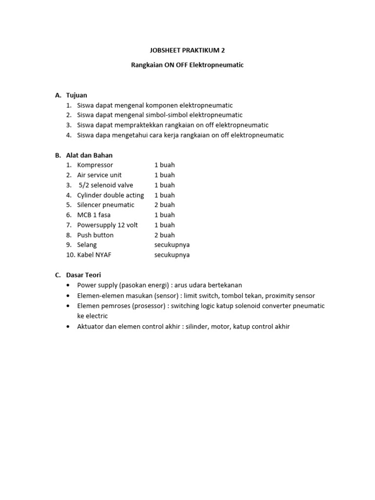 Jobsheet Praktikum 2 Rangkaian On Off Elektropneumatic | PDF