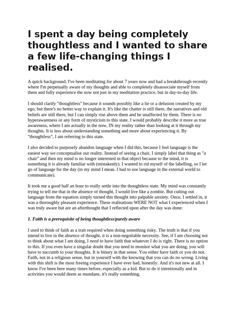 I Spent A Day Being Completely Thoughtless and I Wanted To Share A Few Life | PDF | Thought | Mind
