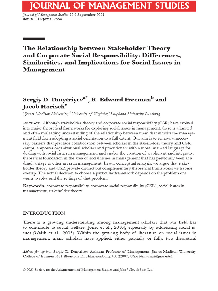 J Management Studies - 2021 - Dmytriyev - The Relationship between Stakeholder Theory and ...