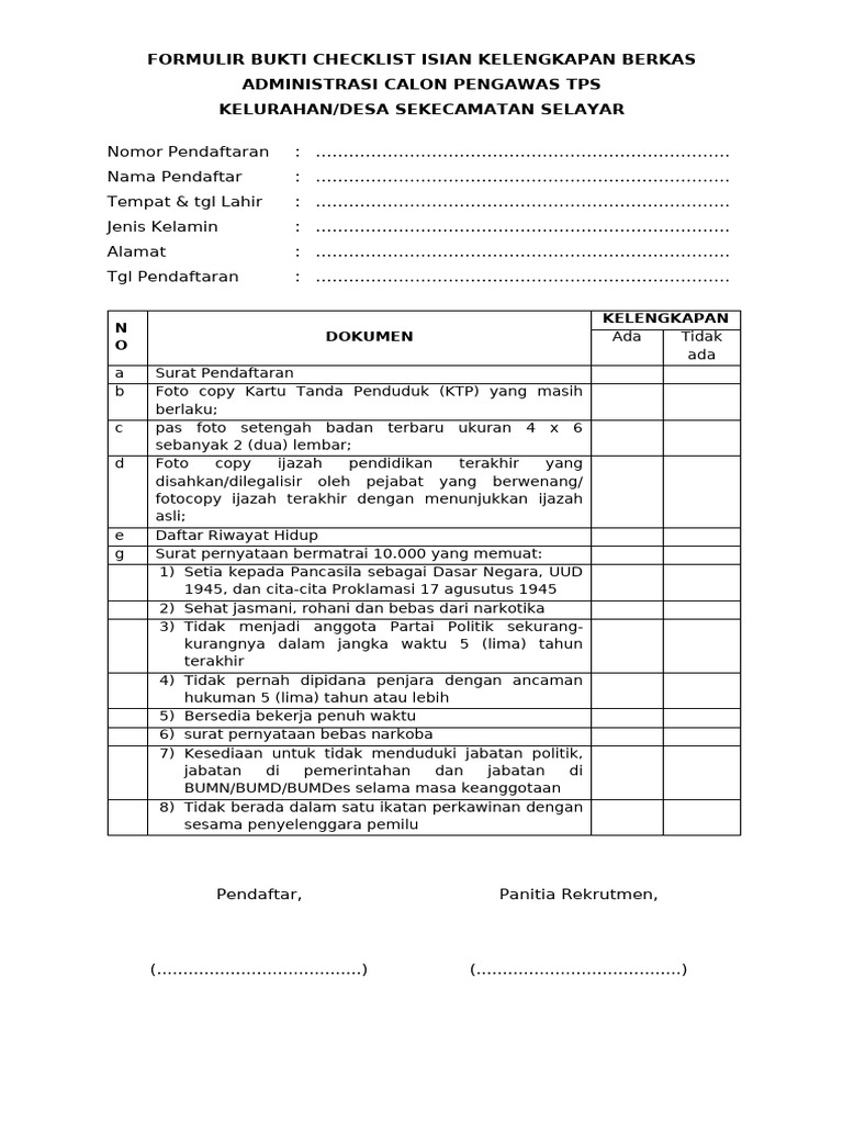 Form Ceklis Kelengkapan Berkas | PDF