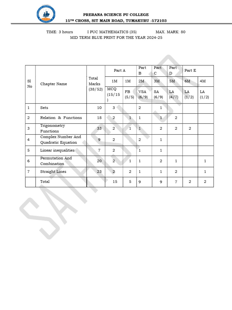 Tumakuru I Pu Maths Mid Term Model Paper | PDF | Algebra | Mathematical Analysis