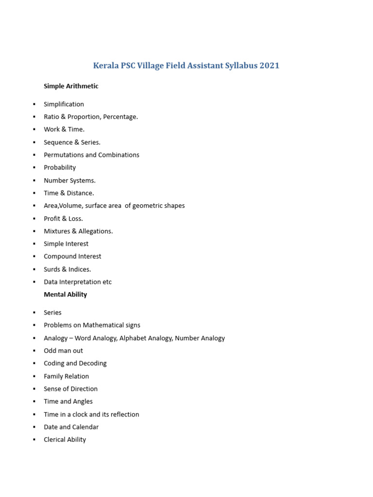 Kerala PSC Village Field Assistant Syllabus | PDF