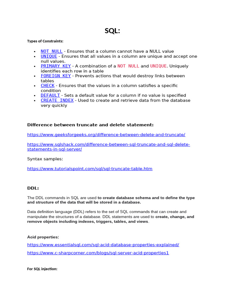 Key Point of SQL | PDF