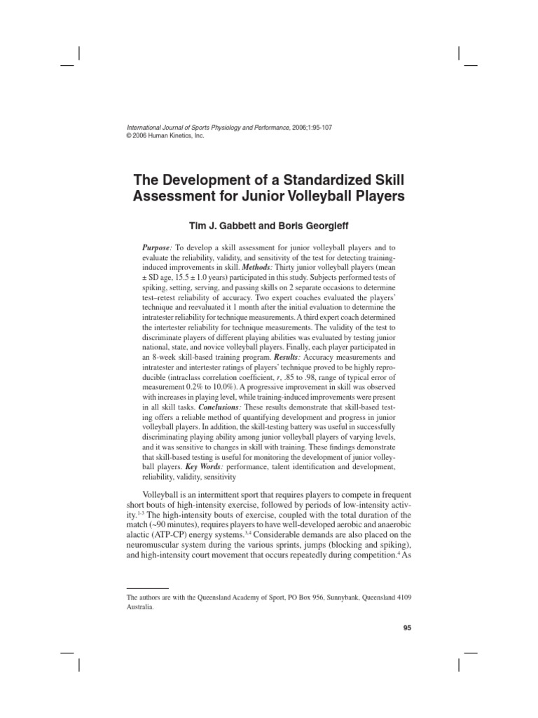 GabbettandGeorgieff 2006 Skillassessmentinjuniorvolleyballplayers IJSPP | PDF | Validity ...