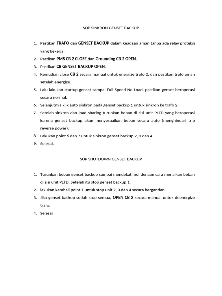 Sop Sinkron Genset Backup | PDF