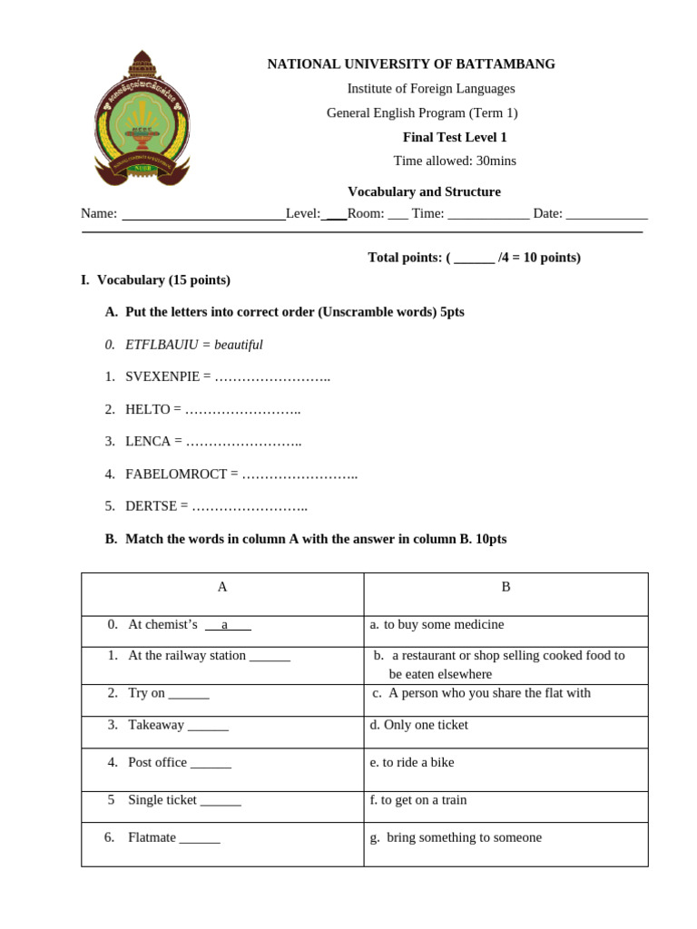 NUBB Final Test Vo&Gra Level 1 | PDF