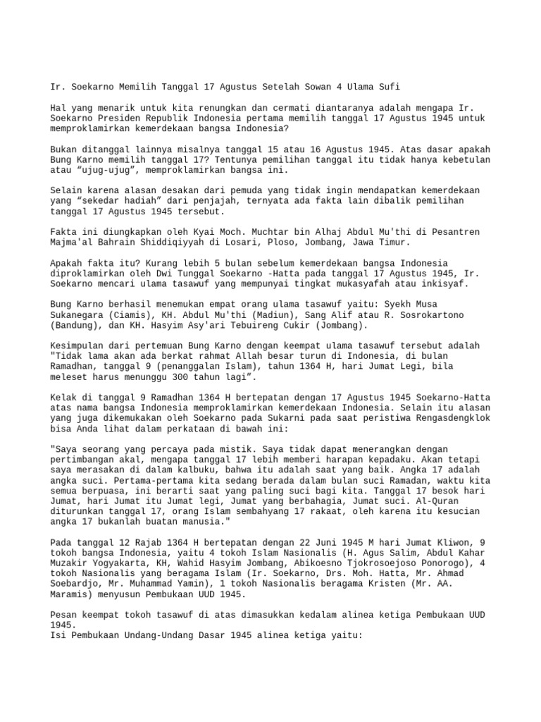 Ir. Soekarno Memilih Tanggal 17 Agustus Setelah Sowan 4 Ulama Sufi | PDF