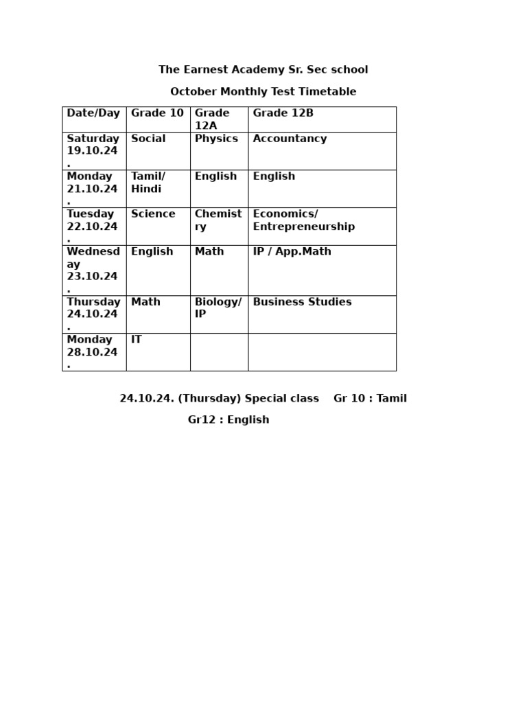 Oct Monthly Test - Grade 10& 12 | PDF