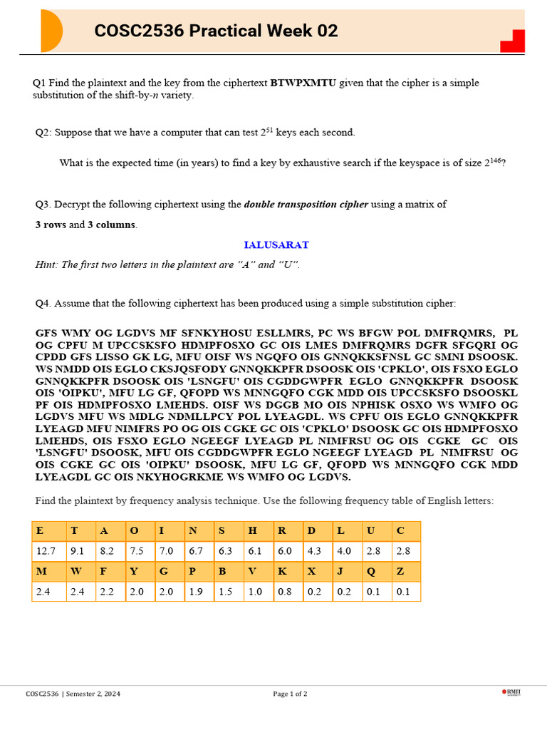 COSC2536 Practical Week 02: Double Transposition Cipher | PDF | Key (Cryptography) | Encryption