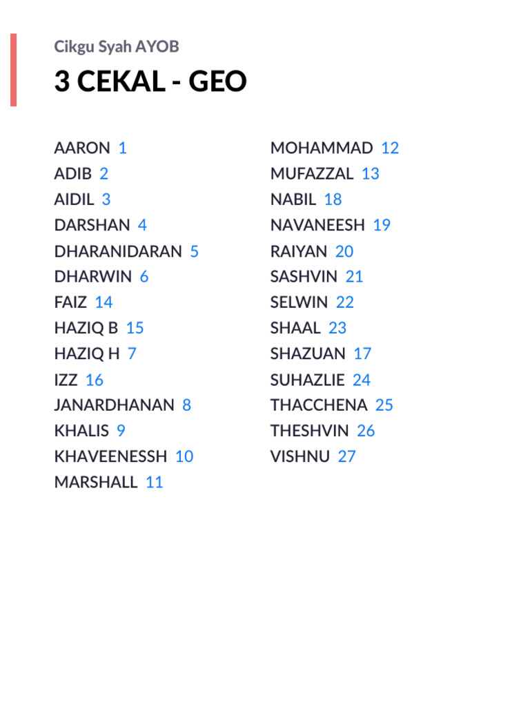 Student Roll Call List | PDF