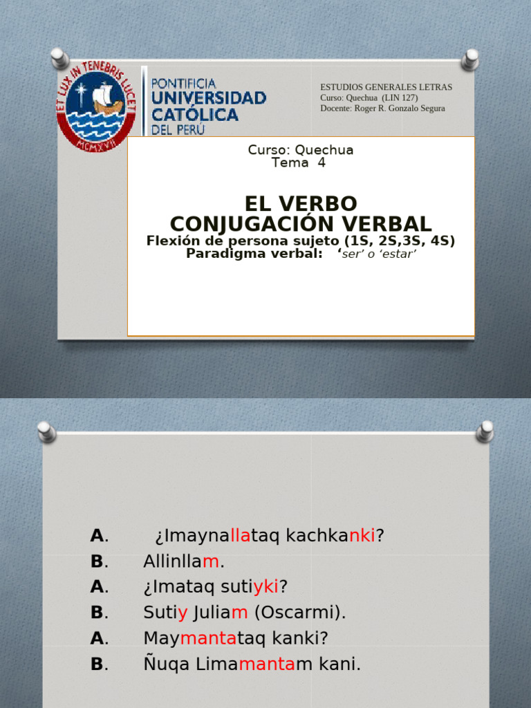 4to Tema 4 Conjugación Verbal Del Verbo Kay Ser - Estar Saludos y Presentacion | PDF | Verbo ...