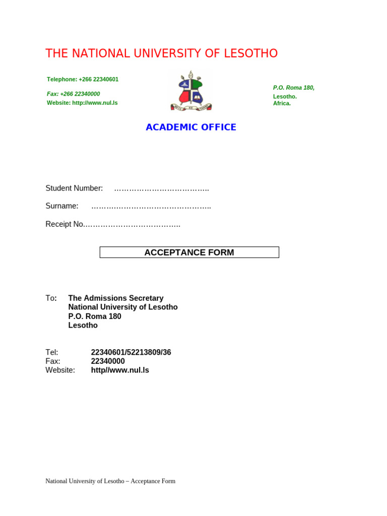 National University of Lesotho Acceptance Form | PDF | Justice | Crime ...