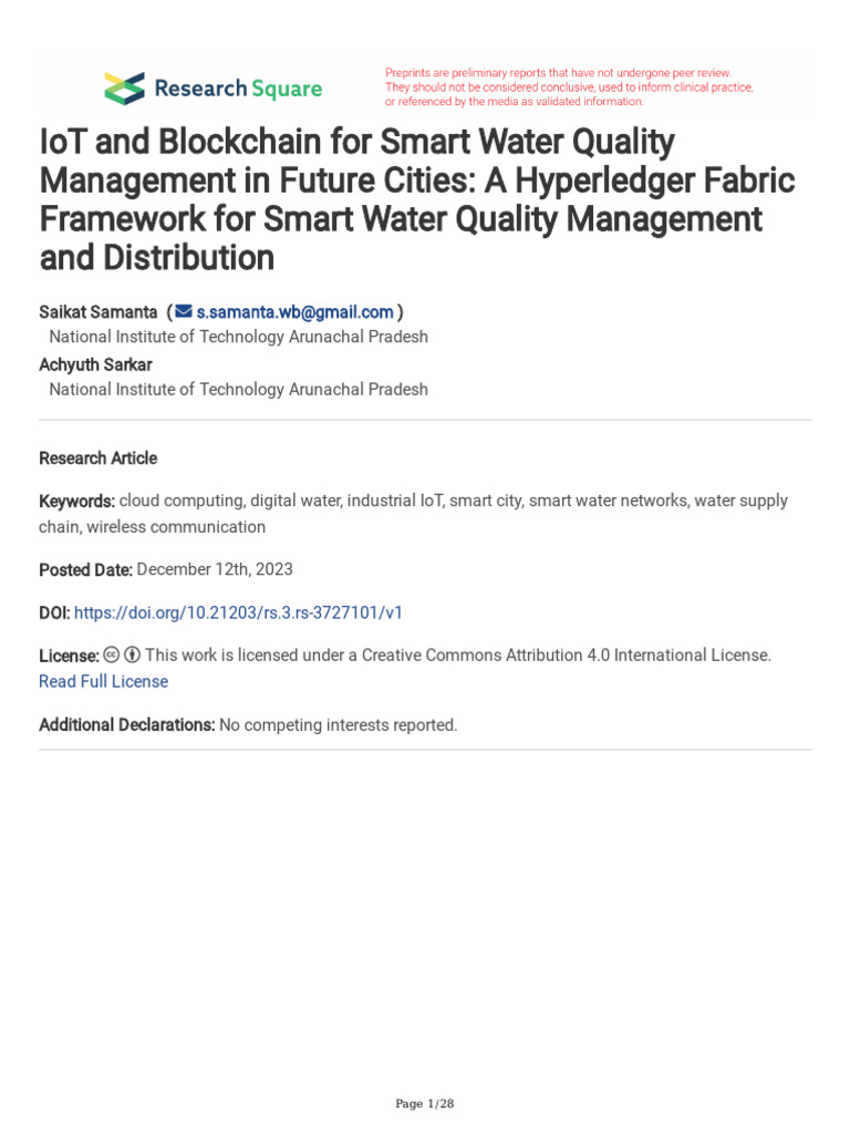 IoT and Blockchain for Smart Water Quality Managem | PDF | Internet Of ...